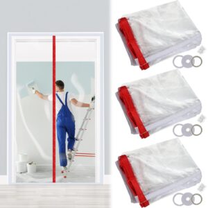 preboun 3 sets dust barrier magnetic dust barrier door kit 4' x 7.5' construction dust barrier plastic barrier for construction self closing plastic door curtain for doorways room (red)