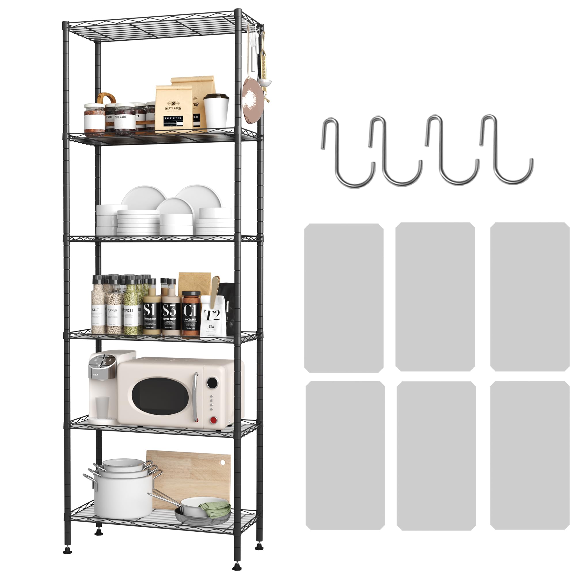 HOMEFORT 6-Shelving Unit, Adjustable Wire Shelving, Metal Wire Shelf with Shelf Liners and Hooks for Kitchen, Closet, Bathroom, Laundry, Black,21" W x 11" D x 69" H