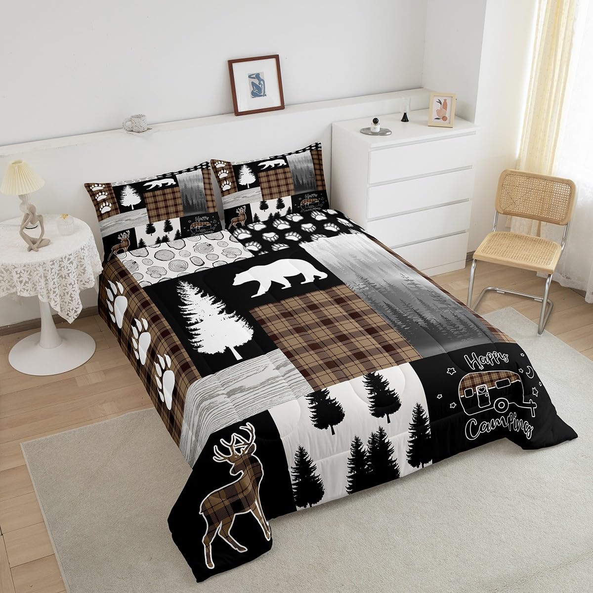 Bear Kids Comforter Set Full Size,Deer Hunting Woodland Rustic Cabin Bedding Set for Boys Girls Adult,Camping Adventure Geometric Plaid Patchwork Down Comforter,Pine Tree Xmas Duvet Insert Brown Black