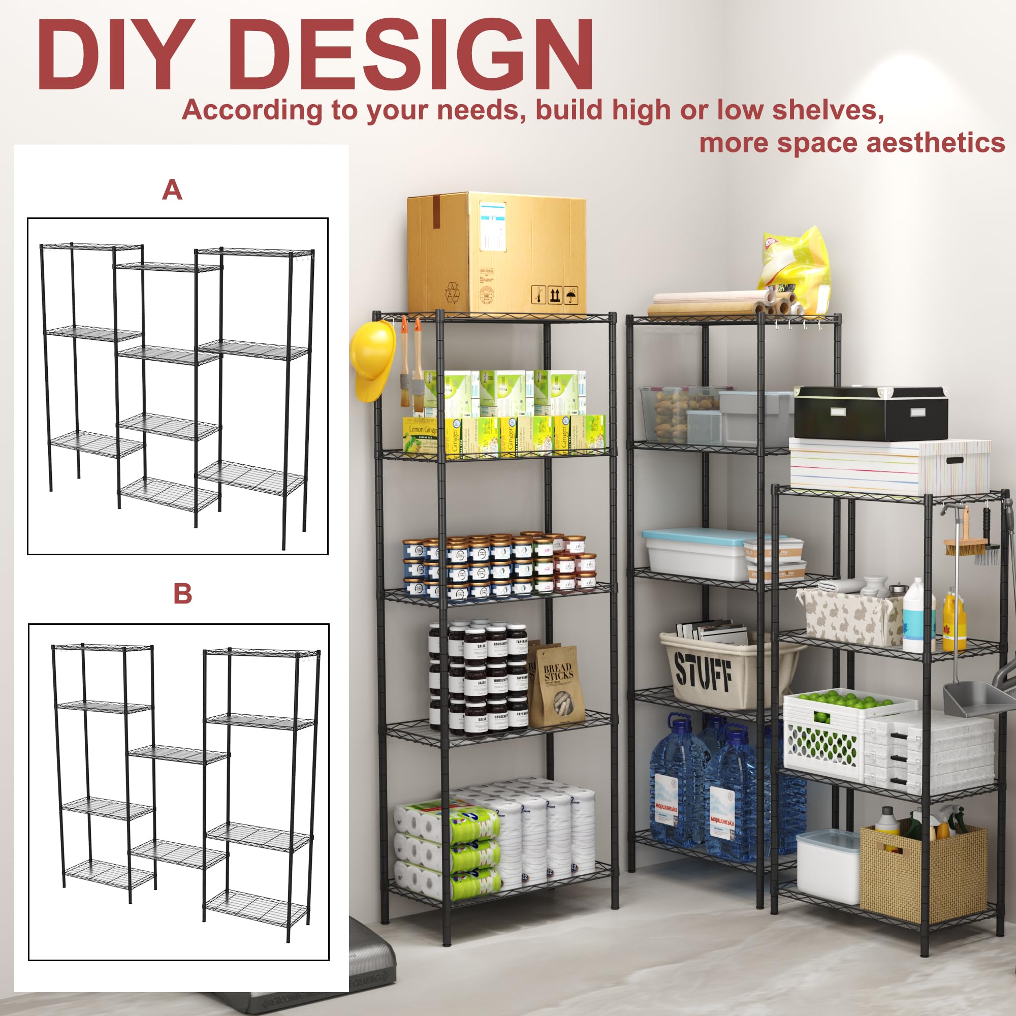 HOMEFORT 6-Shelving Unit, Adjustable Wire Shelving, Metal Wire Shelf with Shelf Liners and Hooks for Kitchen, Closet, Bathroom, Laundry, Black,21" W x 11" D x 69" H