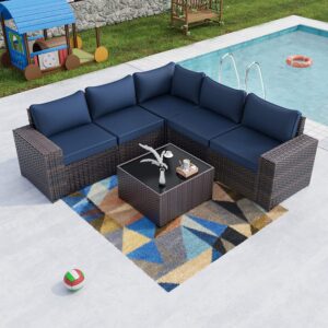 kullavik 6pcs outdoor patio furniture set pe wicker rattan sectional sofa patio conversation sets,navy blue