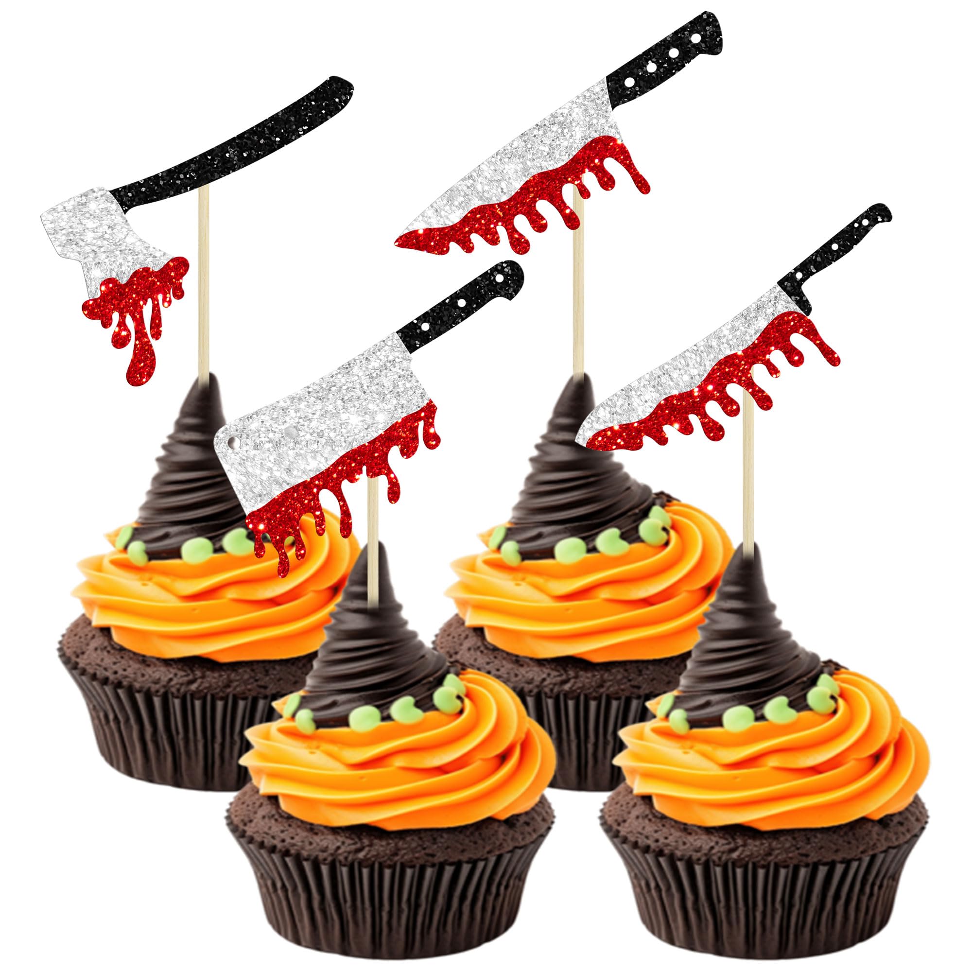 24Pcs Halloween Cupcake Toppers Glitter Horror Blood Knife Cupcake Picks Killer Birthday Cake Decorations for Halloween Blood Knife Theme Birthday Party Supplies