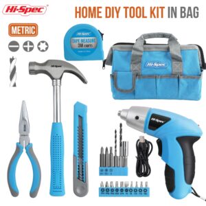 Hi-Spec 21-Piec Blue Tool Set with 3.6V USB Electric Power Screwdriver,Tool Kit for Home, DIY Essential Hand Tool Set Kit