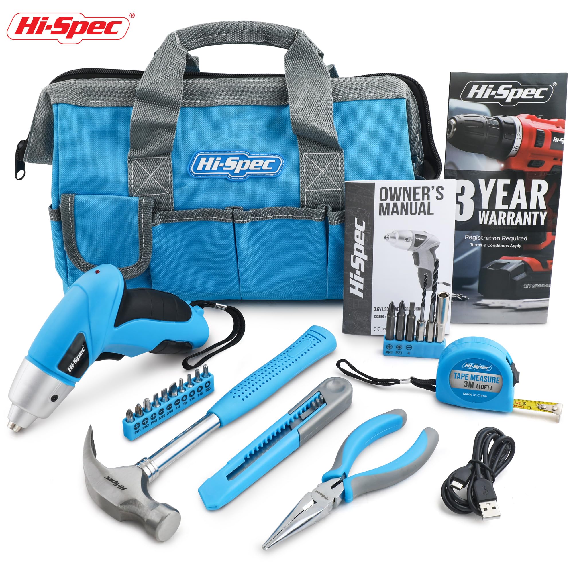 Hi-Spec 21-Piec Blue Tool Set with 3.6V USB Electric Power Screwdriver,Tool Kit for Home, DIY Essential Hand Tool Set Kit