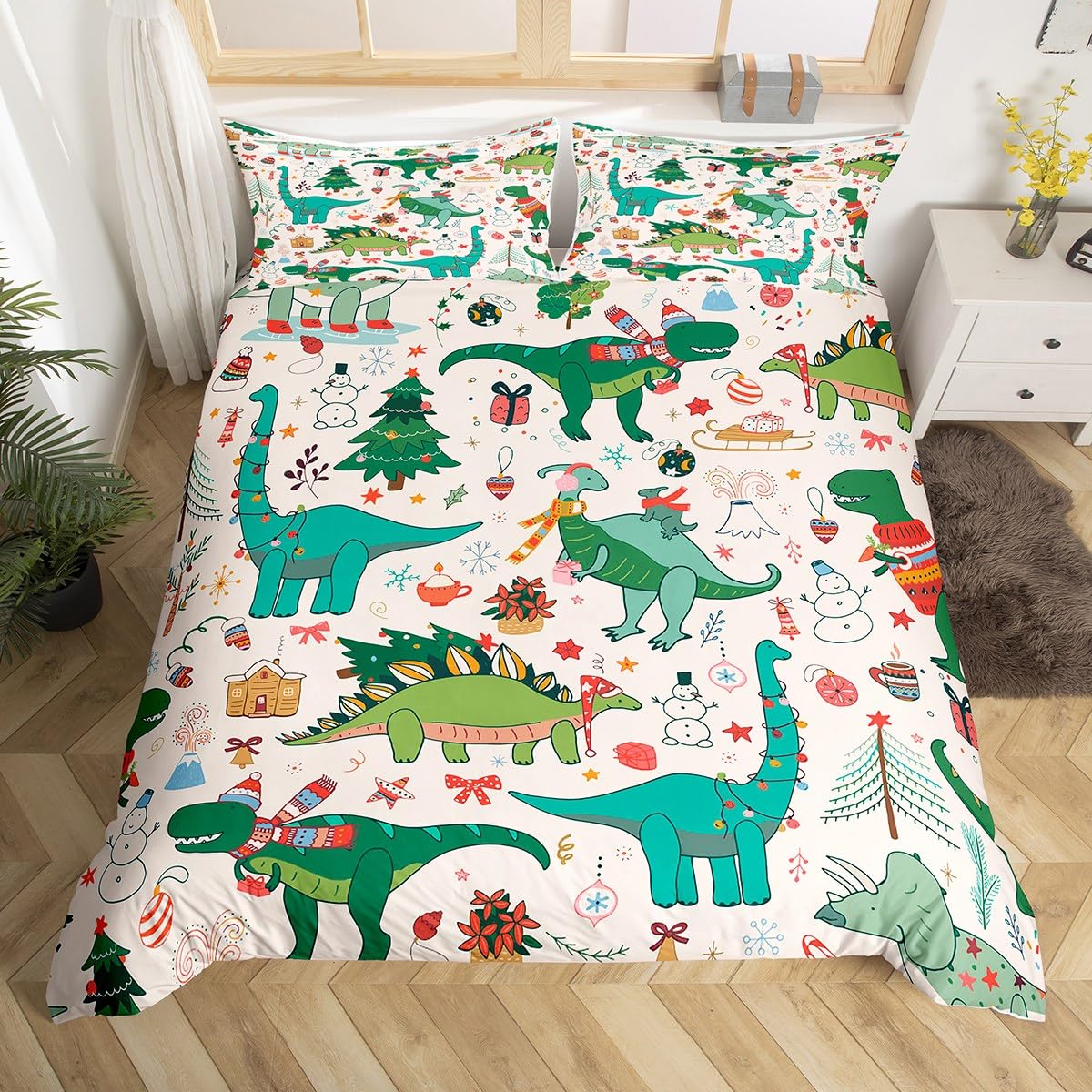 Cute Dinosaur Duvet Cover Set Full Size,Christmas Theme Dinosaur Bedding Set 3Pcs for Kids Girls Boys,Cartoon Xmas Tree Snowman Comforter Cover Xmas Animal Quilt Cover Teens Room Decor,2 Pillowcases