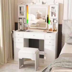 white vanity desk with led mirror,makeup vanity with charging station & rgb lights,5 drawers 4 shelves makeup desk vanity table stool set with glass table top & time display lights, white