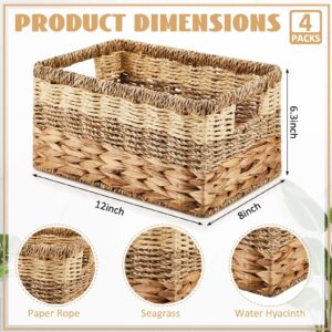 Suzile 4 Pcs Wicker Storage Basket Water Hyacinth Seagrass Woven Baskets for Organizing Square Wicker Storage Cubes with Handles Natural Organizer Baskets Pack for Shelves Bedroom, 12 x 8 x 6.3 Inch