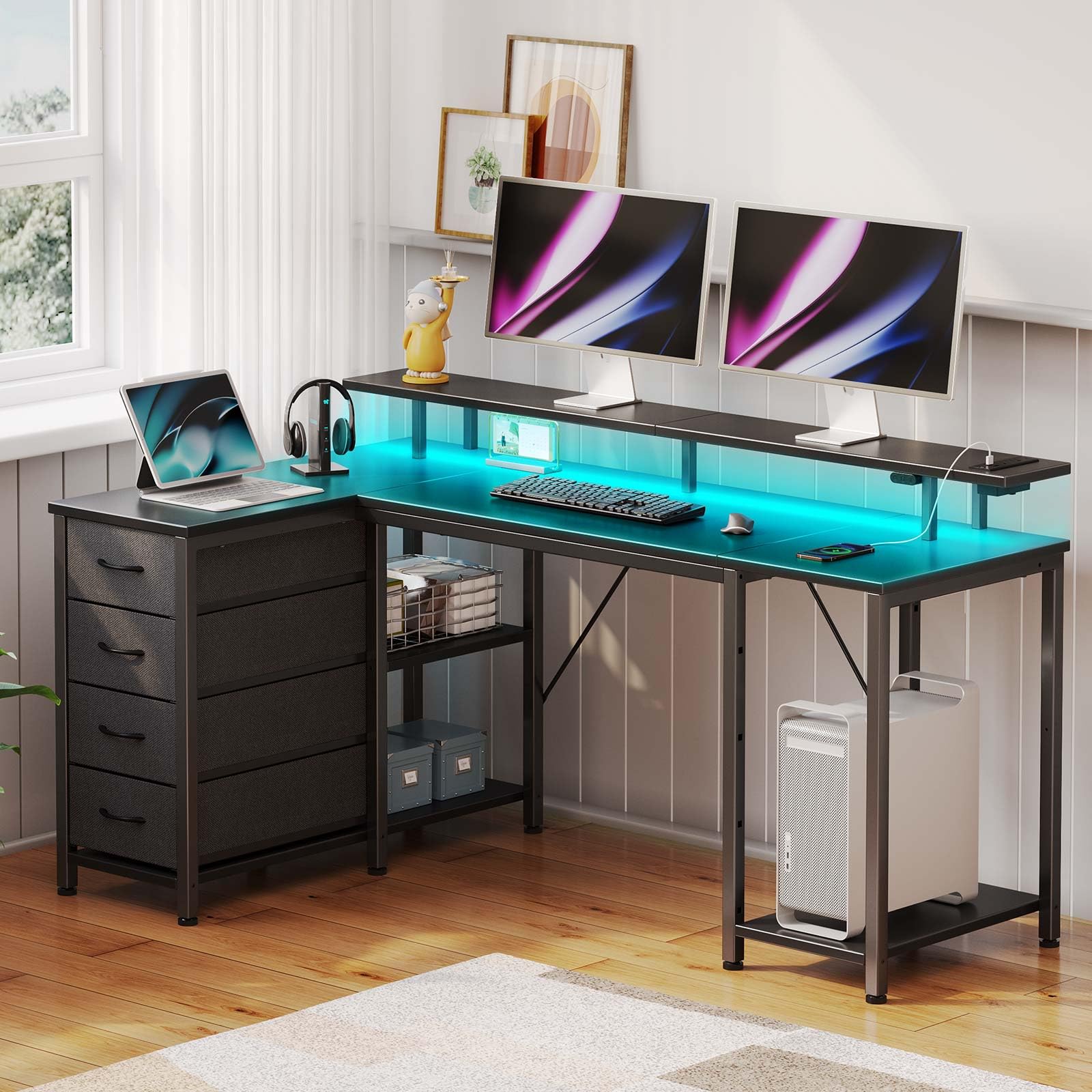 Seventable Gaming Desk with Drawers, 55.1 Inch L Shaped Desk with Storage Shelves, Small Office Desk with LED Lights & Power Outlets, Black Corner Computer Desk with Monitor Stand for Bedroom