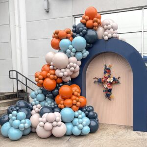 momoshero 178pc blue and orange balloons arch garland kit,dusty dark slate blue/baby light blue/double stuffed orange/white sand balloon,baby shower birthday gender reveal easter graduate party supply