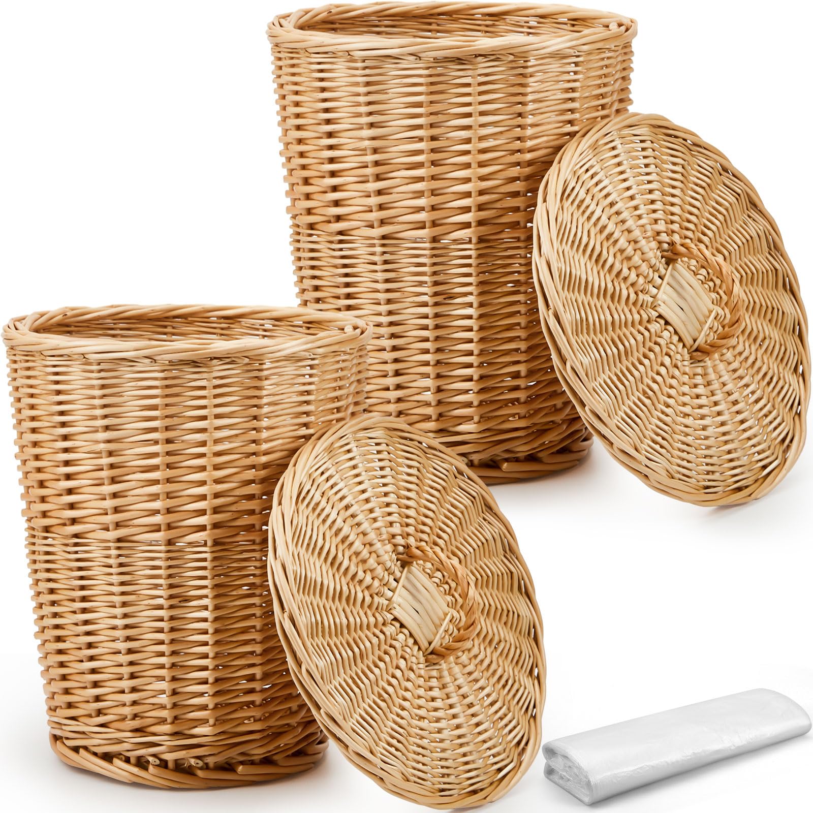 Maxcheck 2 Pcs Wicker Trash Can with 100 Plastic Trash Bag Wicker Waste Woven Basket with Lids and Garbage Bags for Bathroom Kitchen Bedroom Office Bedroom Kitchen Laundry Supplies