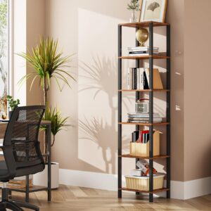 tutotak bookshelf, 6-tier tall book shelf, narrow bookcase for small space, diy stackable bookshelf, for living room, office, study, entryway, industrial, rustic brown bs01bb006