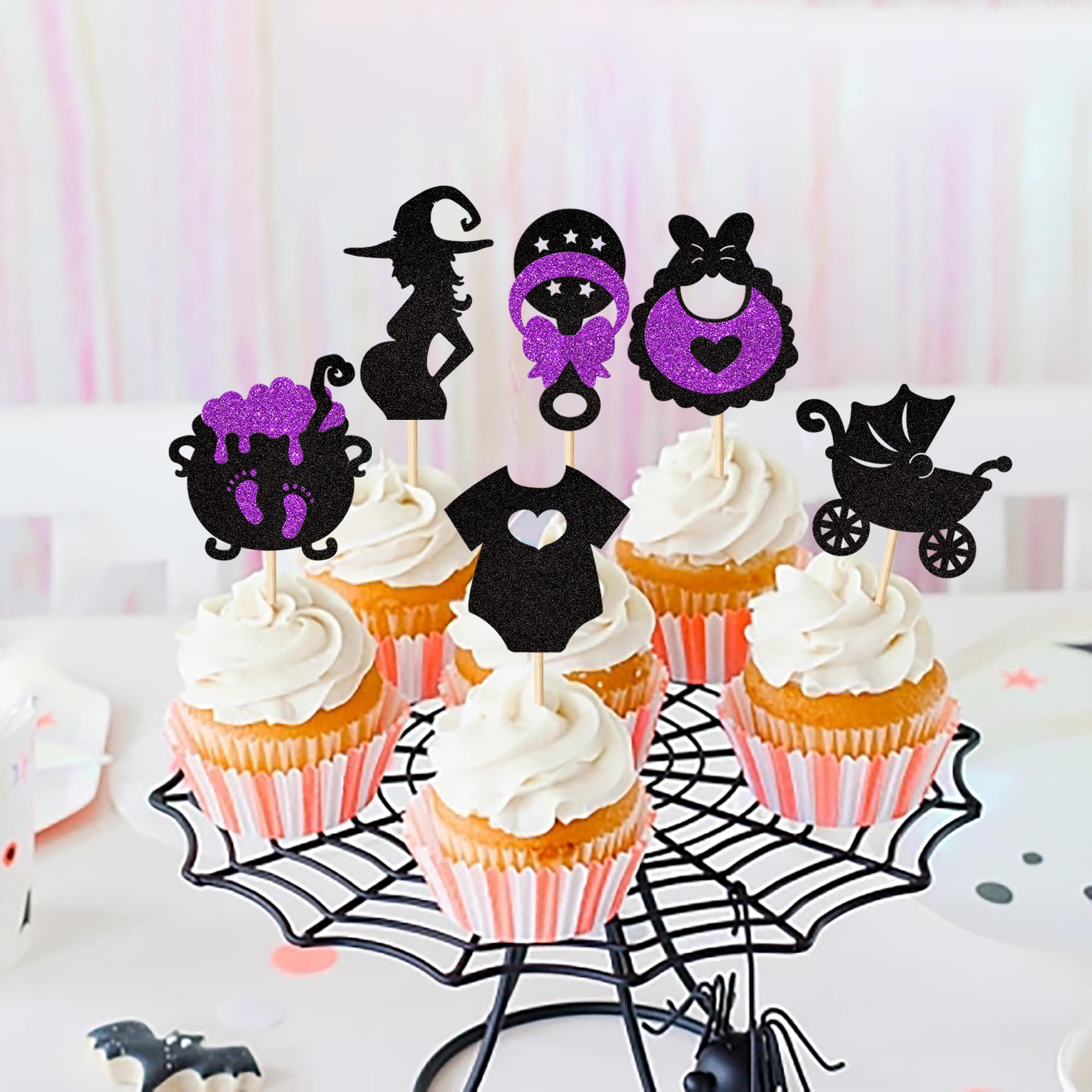 24 Pack Halloween Baby Shower Cupcake Toppers A Baby Is Brewing Cupcake Picks Witch Pregnant Women Halloween Gneder Reveal Cupcake Decorations Party Supplies Black Pink