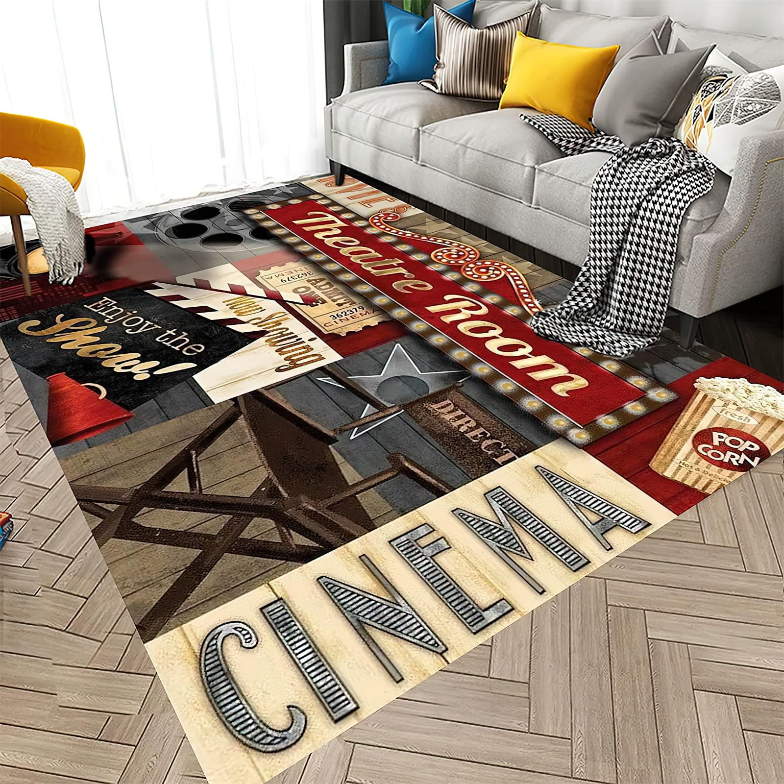 Retro Movies Area Rug, Cinema Home Theater Non Slip Easy Care Bedroom Rugs, Breathable Durable Carpet for Indoor Study Living Room Office Decor Rug - 4 ft x 6 ft