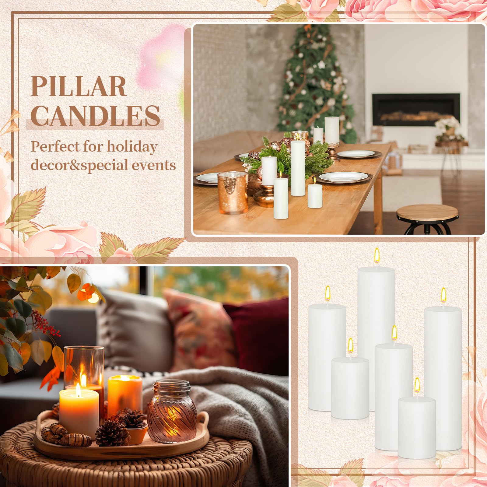 MTLEE 48 Pcs Set of 3 Pillar Candles Pillar Candle Bulk 3 Inch 6 Inch 8 Inch Assorted Candles Dripless Unscented Smokeless Pillar Candles for Wedding Holiday Dinner Restaurants Spa Home Decor