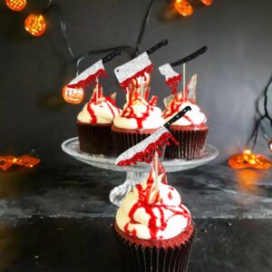 24Pcs Halloween Cupcake Toppers Glitter Horror Blood Knife Cupcake Picks Killer Birthday Cake Decorations for Halloween Blood Knife Theme Birthday Party Supplies