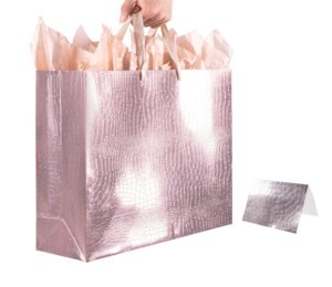 lyforpyton extra large rose gold gift bags with tissue paper and card 17"x12.6"x5.1" alligator pattern gift paper bag for birthday, wedding, anniversaries