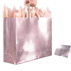 Lyforpyton Extra Large Rose Gold Gift Bags with Tissue Paper and Card 17"x12.6"x5.1" Alligator Pattern Gift Paper Bag for Birthday, Wedding, Anniversaries