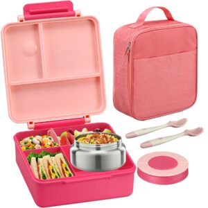 bento lunch box for kids with 8oz soup thermo&lunch bag, leak-proof lunch food containers with 4 compartment, hot food insulated food jar for kids school (pink)