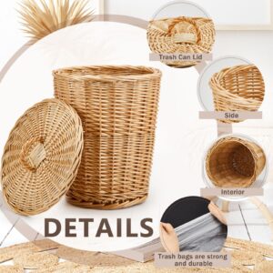 Maxcheck 2 Pcs Wicker Trash Can with 100 Plastic Trash Bag Wicker Waste Woven Basket with Lids and Garbage Bags for Bathroom Kitchen Bedroom Office Bedroom Kitchen Laundry Supplies