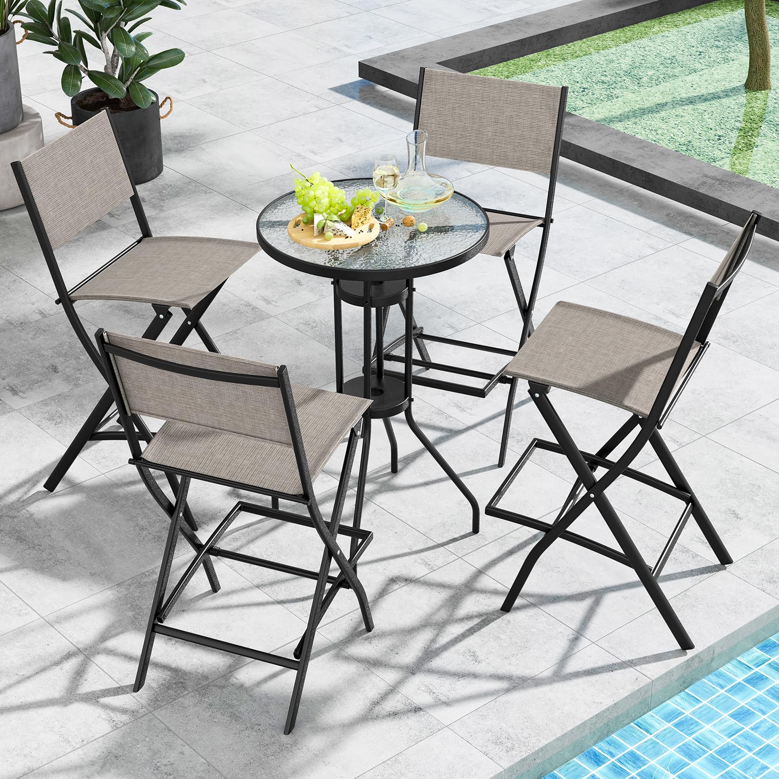 COSTWAY Outdoor Patio Bar Chair Set of 2, Folding Bar Height Stool with Metal Frame & Footrest, Patio Bar Stool for Balcony, Garden & Poolside (2, Coffee)