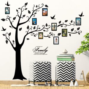 Large Family Photo Tree Wall Sticker 3D Peel and Stick Vinyl Photo Frame Tree Wall Decals Removable Quotes Leaf and Birds Wall Decor for Home Kids Bedroom Living Room Classroom Nursery (Right, Black)