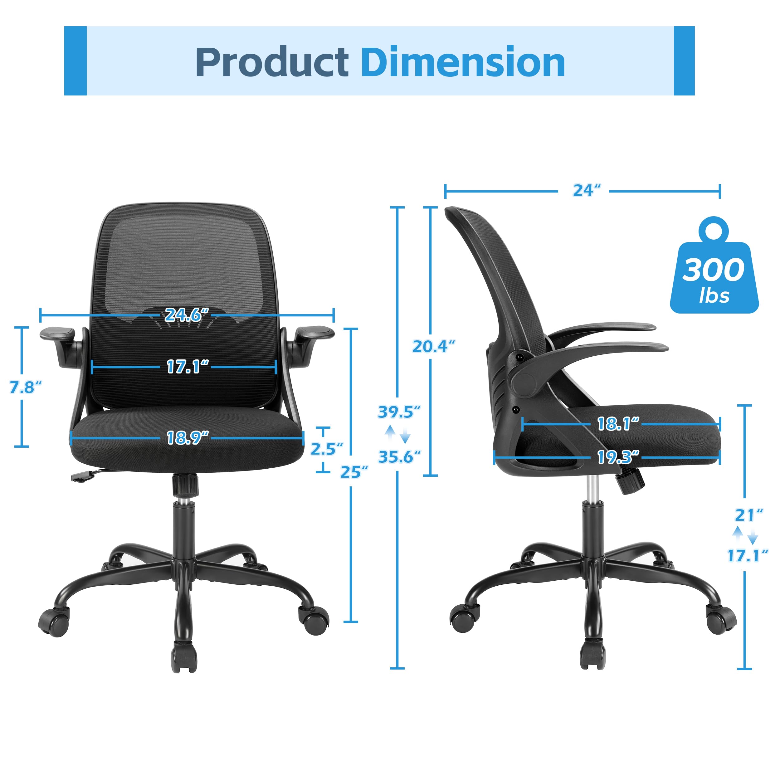 Larksperal Comfy Ergonomic Office Chair - Swivel Mid Back Computer Chair with Lumbar Support, Wheel & Flip-Up Armrests, Adjustable Mesh Desk Chair for Home, Work, Study, 300 lbs Capacity, Black