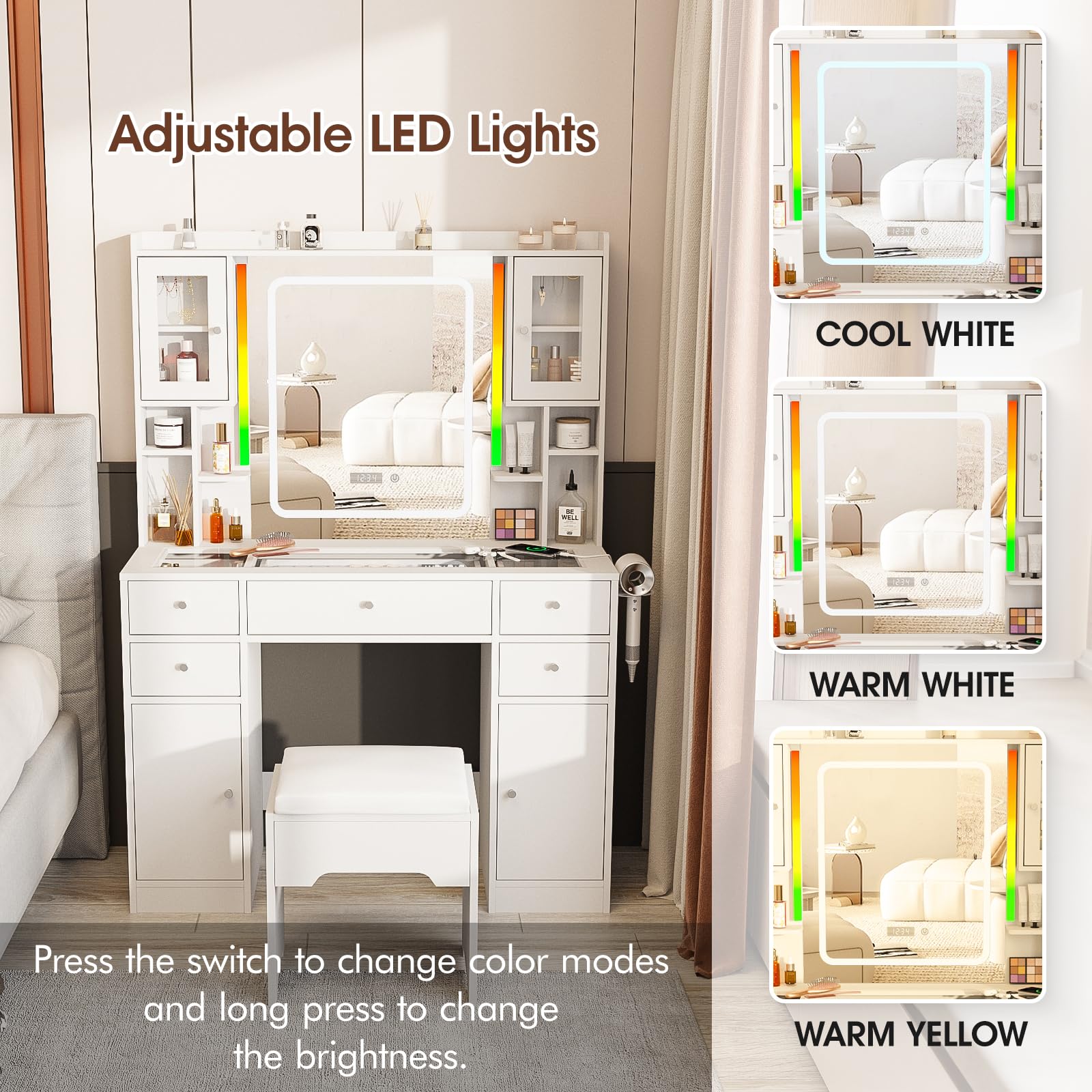 White Vanity Desk with LED Mirror,Makeup Vanity with Charging Station & RGB Lights,5 Drawers 4 Shelves Makeup Desk Vanity Table Stool Set with Glass Table Top & Time Display Lights, White