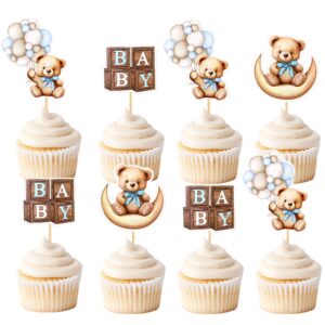 cyodoos 36 pcs baby shower bear cupcake toppers selection baby bear theme baby shower decorative supplies jungle animal theme baby shower birthday party cake decorative supplies blue