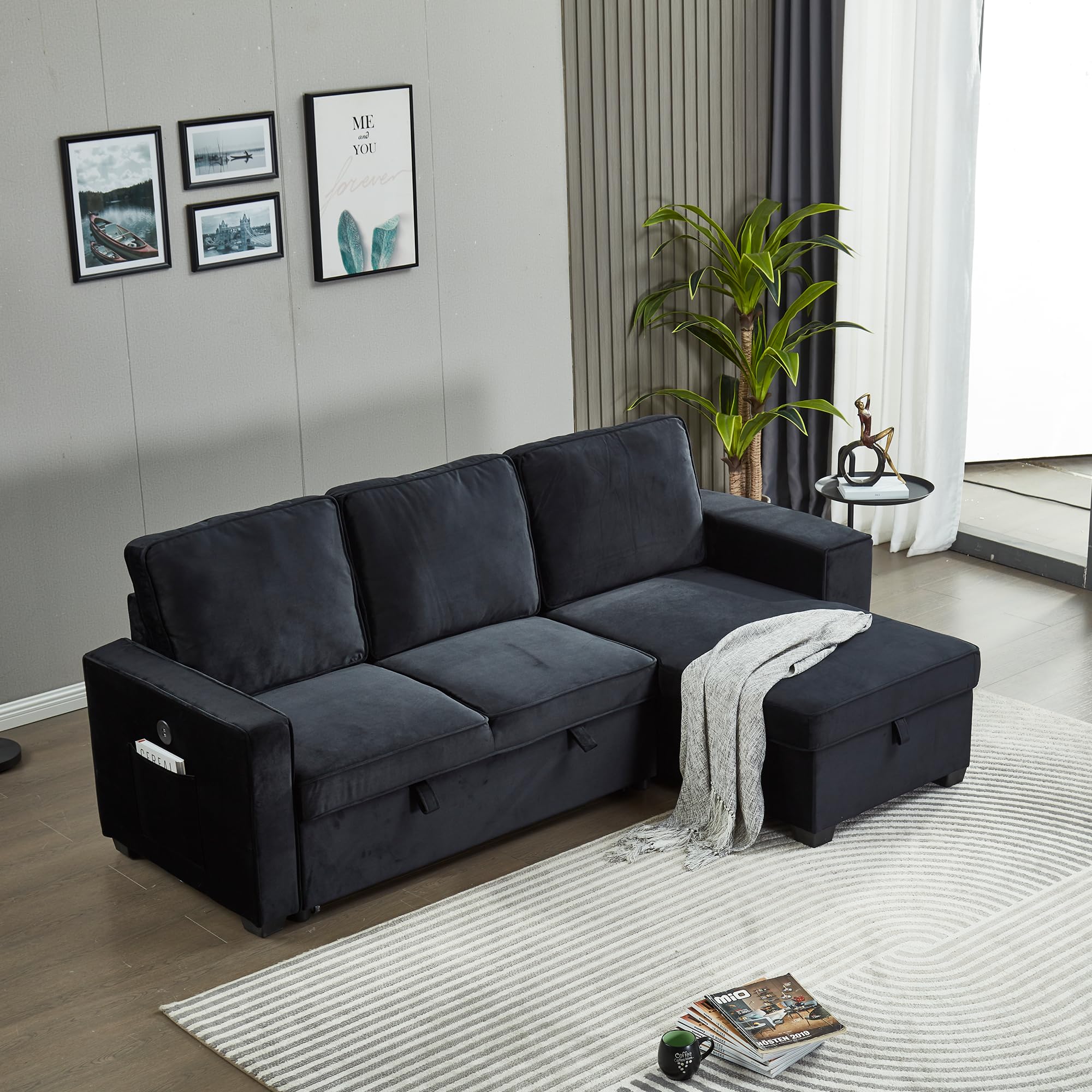 INSTORY Mid-Century Modern Velvet Sofa Sectional L-Shaped Sofa Pull Out SofaBed Convertible Sleeper Sofa Bed with Storage Chaise & USB for Living Room - Black