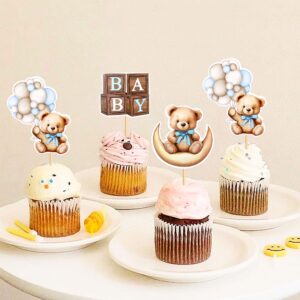 Cyodoos 36 PCS Baby Shower Bear Cupcake Toppers Selection Baby Bear Theme Baby Shower Decorative Supplies Jungle Animal Theme Baby Shower Birthday Party Cake Decorative Supplies blue