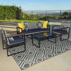 kinger home keaton 4-piece outdoor rattan furniture set with teakwood accents, sofa, 2 armchairs, glass coffee table