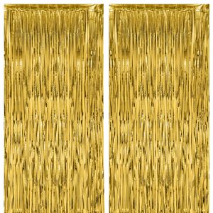 voircoloria 2 pack gold foil fringe backdrop curtains, tinsel streamers birthday party decorations, fringe backdrop for graduation, baby shower, gender reveal, disco party