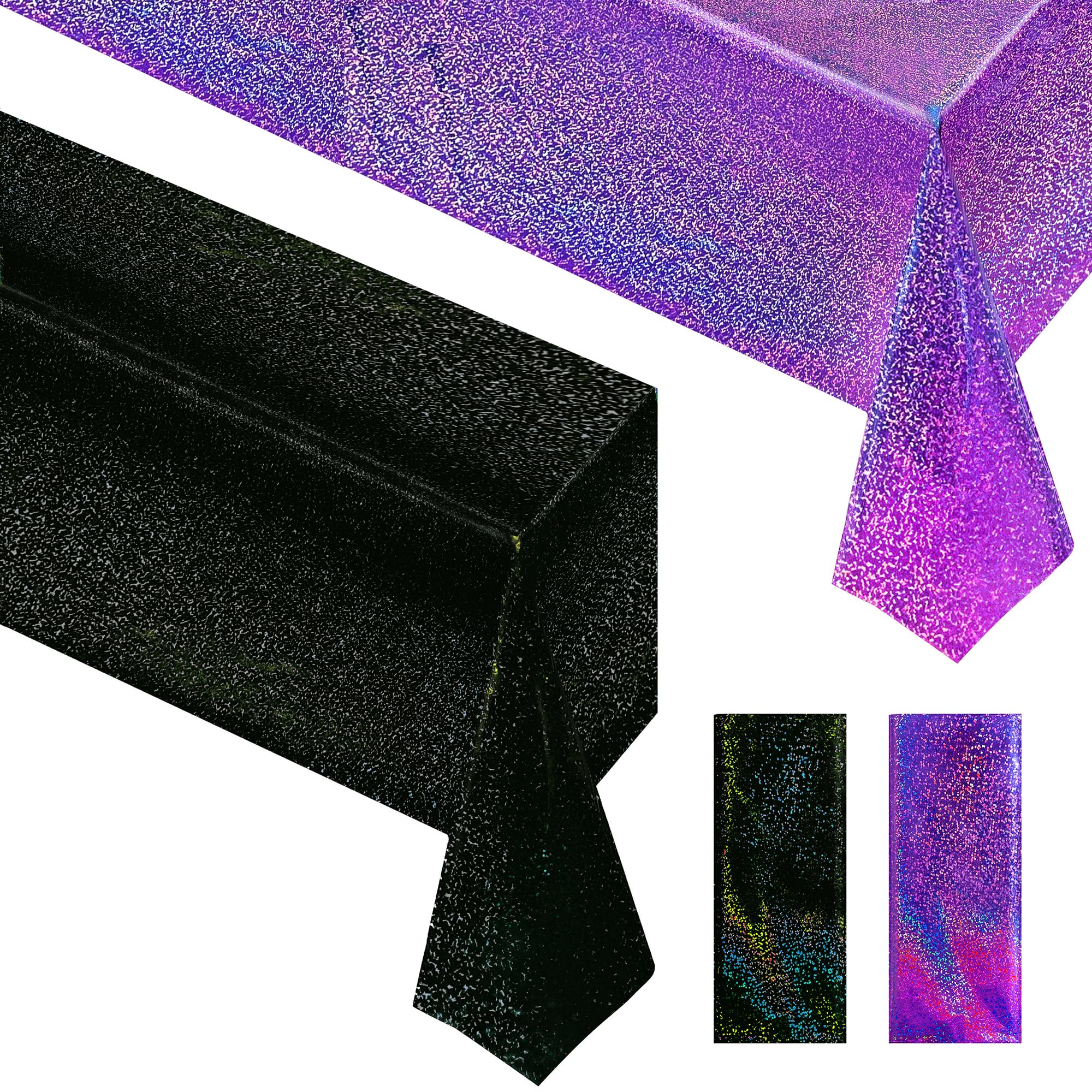 Just Shimmer 2 Pcs Black & Purple Holographic Laser Tablecloths Iridescence Shiny Table Covers 40" x 108" Halloween Decorations Space Plastic Table Cloths for Birthday Party Wedding Events Supplies