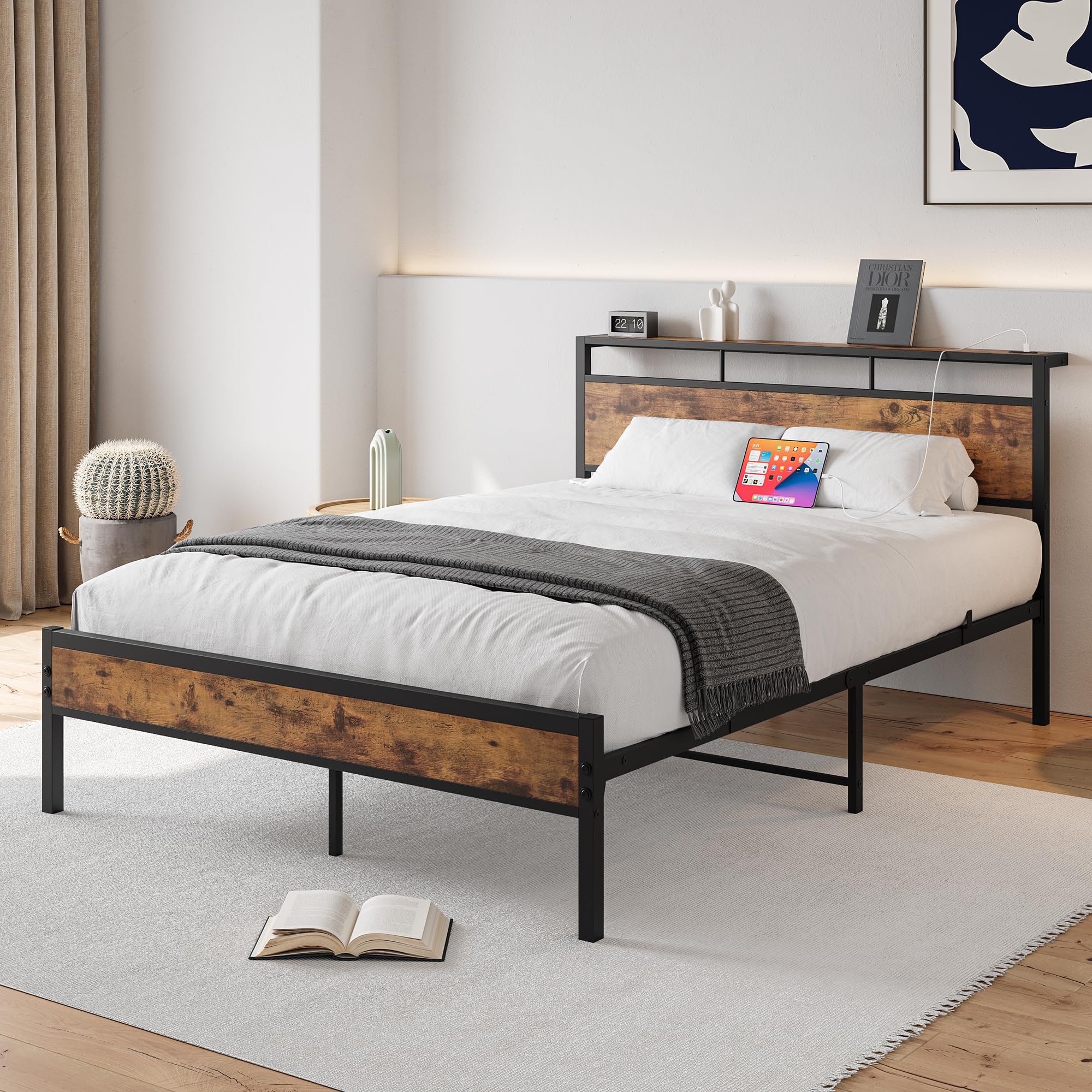 ZGEHCO Full Size Bed Frame with Headboard Storage,Wood Bed Frame with Charging Station,Platform Bed Frame Full Mattress Foundation No Box Spring Needed,Heavy Duty Steel Slat,Black&Brown Oak