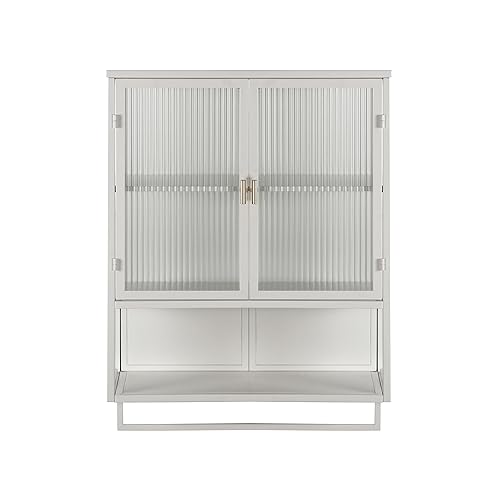 HomSof 23.62" Glass Doors Modern Two-Door Wall Cabinet with Featuring Two-Tier Enclosed Storage,an Open Shelf,and Towel Rack,for Entryway Living Room Bathroom Dining Room