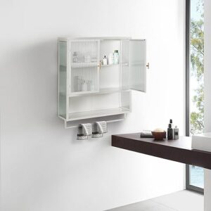 HomSof 23.62" Glass Doors Modern Two-Door Wall Cabinet with Featuring Two-Tier Enclosed Storage,an Open Shelf,and Towel Rack,for Entryway Living Room Bathroom Dining Room