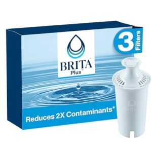 brita plus water filter, bpa-free, high-density replacement filter for pitchers and dispensers, reduces 2x contaminants*, lasts two months or 40 gallons, includes 3 filters