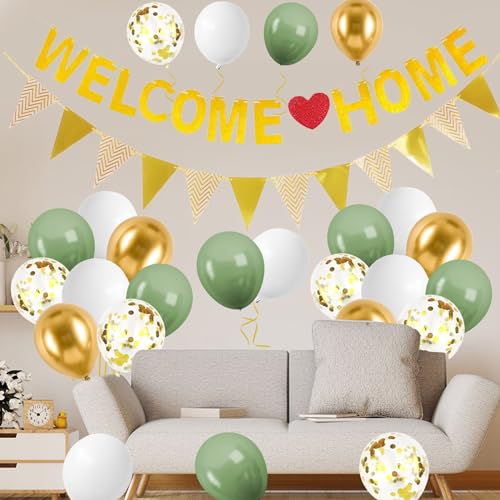 Welcome Home Decorations,Green Gold Welcome Home Balloons Banners Set,Welcome Home Glitter Banner with Confetti Balloons,Pennant Flag Bunting for Home Family Baby Shower Welcome Back Party Supplies