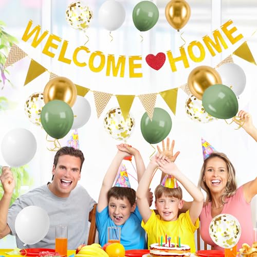 Welcome Home Decorations,Green Gold Welcome Home Balloons Banners Set,Welcome Home Glitter Banner with Confetti Balloons,Pennant Flag Bunting for Home Family Baby Shower Welcome Back Party Supplies