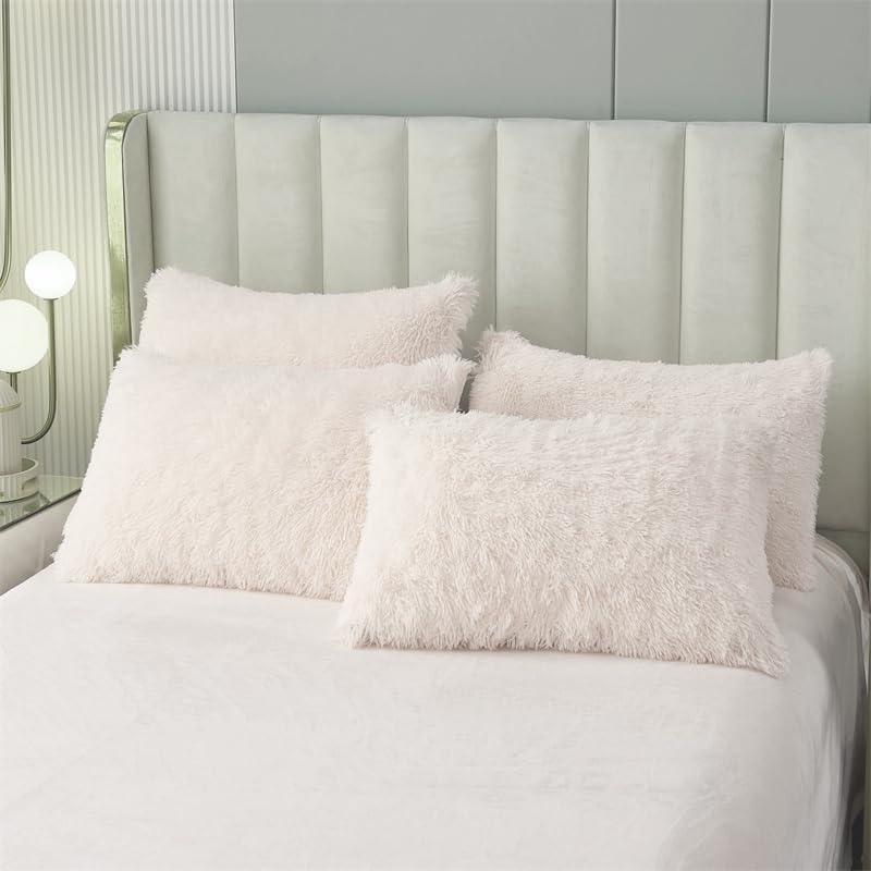 Usfivefam Plush Shaggy White Duvet Cover Set Queen,Luxury Velvet Fluffy Comforter Cover,3PCS Soft White Faux Fur Plush Fluffy Bedding Set,1 Duvet Cover+2 Pillowcases,No Comforter