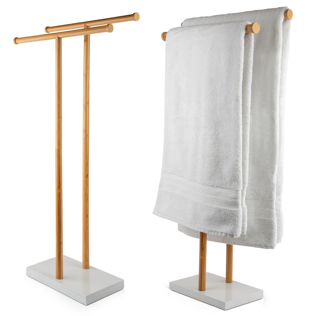 Standing towel Rack -2-Tier Bamboo Towel Rack with Marble Base - Standing Towel Rack for Bathroom - Towel Holder Stand Display - Drying Towel Rack