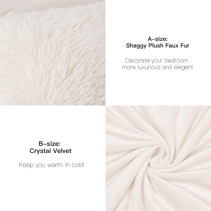 Usfivefam Plush Shaggy White Duvet Cover Set Queen,Luxury Velvet Fluffy Comforter Cover,3PCS Soft White Faux Fur Plush Fluffy Bedding Set,1 Duvet Cover+2 Pillowcases,No Comforter