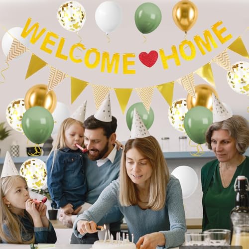 Welcome Home Decorations,Green Gold Welcome Home Balloons Banners Set,Welcome Home Glitter Banner with Confetti Balloons,Pennant Flag Bunting for Home Family Baby Shower Welcome Back Party Supplies