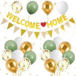 welcome home decorations,green gold welcome home balloons banners set,welcome home glitter banner with confetti balloons,pennant flag bunting for home family baby shower welcome back party supplies