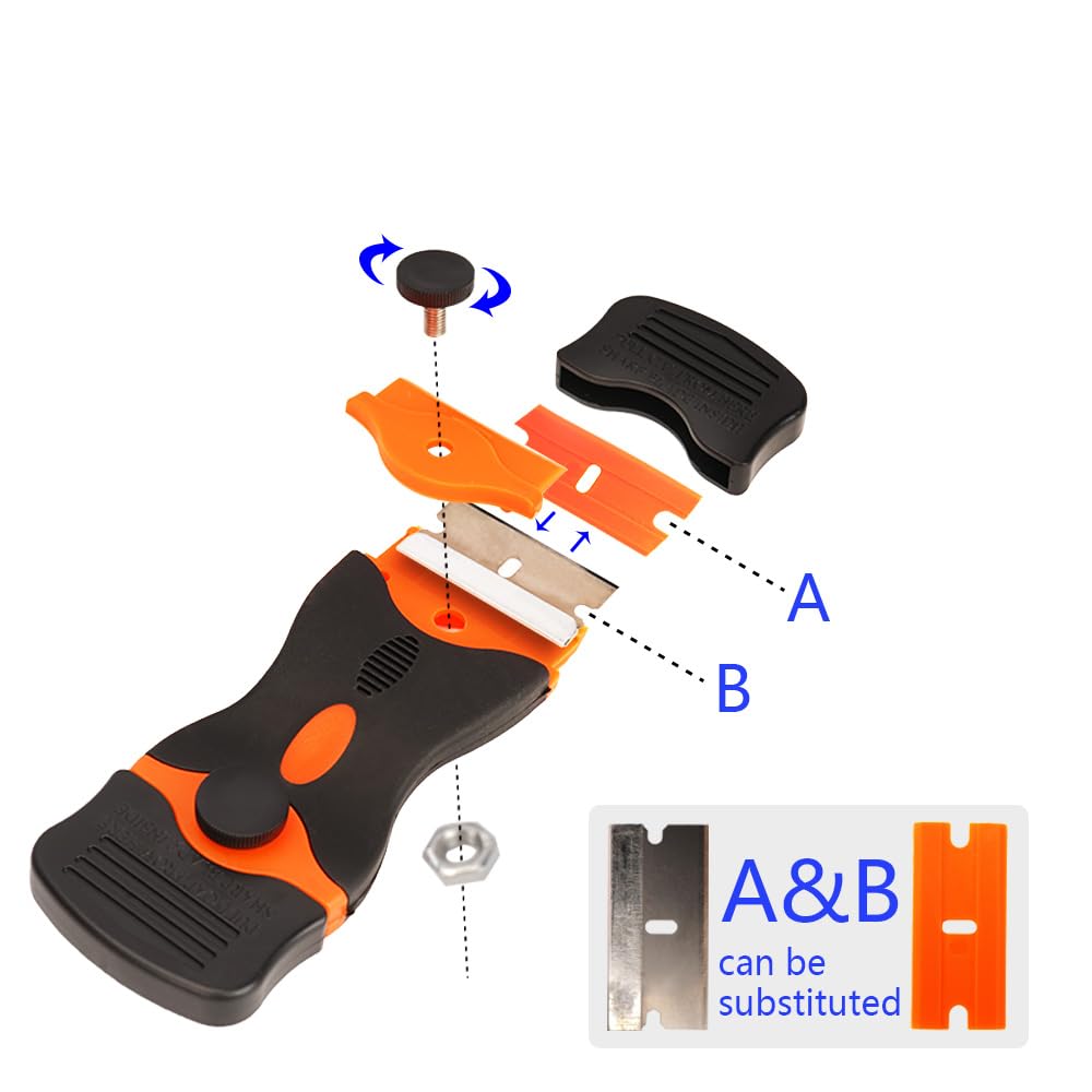 Longluosi 3 Pack Razor Blade Scrapers,2 Double Edged Scrapers and Simple Scraper with Extra 30 Metal and 50 Plastic Razor Blades, Labels Scraping Tools for Windows, Stovetop, Appliance