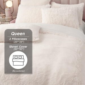 Usfivefam Plush Shaggy White Duvet Cover Set Queen,Luxury Velvet Fluffy Comforter Cover,3PCS Soft White Faux Fur Plush Fluffy Bedding Set,1 Duvet Cover+2 Pillowcases,No Comforter