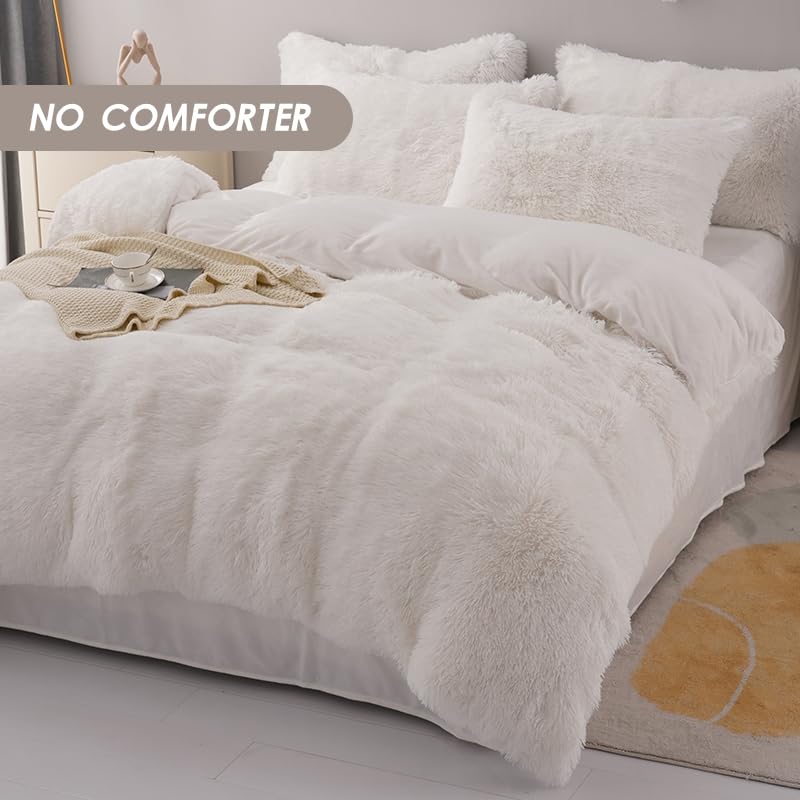 Usfivefam Plush Shaggy White Duvet Cover Set Queen,Luxury Velvet Fluffy Comforter Cover,3PCS Soft White Faux Fur Plush Fluffy Bedding Set,1 Duvet Cover+2 Pillowcases,No Comforter