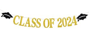 class of 2024 banner, congrats grad bunting sign for 2024 high school college graduation party decorations supplies, black and gold glitter