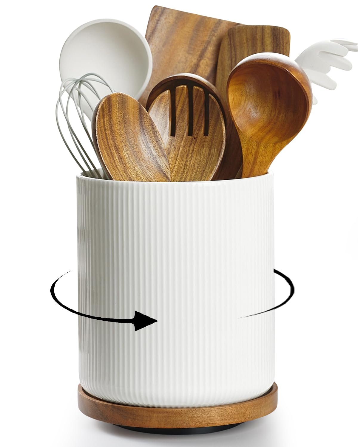 getstar Utensil Holder, 360° Rotating Large Kitchen Utensil Holder, Ceramic Cooking Utensil Holder for Kitchen Counter with Rotatable and Detachable Wooden Base