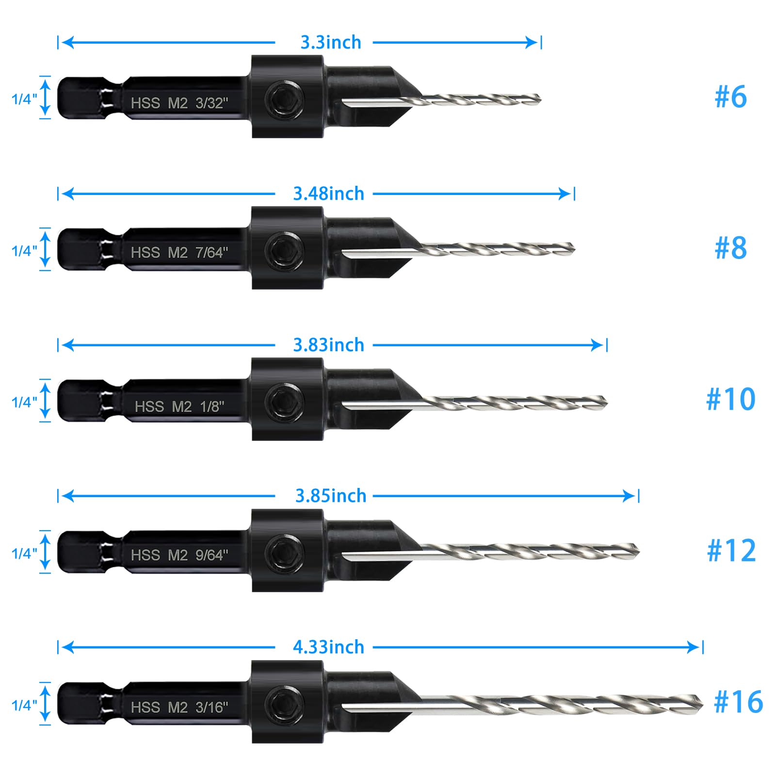 5-pc Countersink Drill Bit Set, 3in1 Woodworking Counterbore Hole Drill Bits for #6 8 10 12 16 Screws, Depth Adjustable M2 Pilot Drill Bits, 82-Degree Chamfer, 1/4” Hex Shank, 2 Allen Wrench